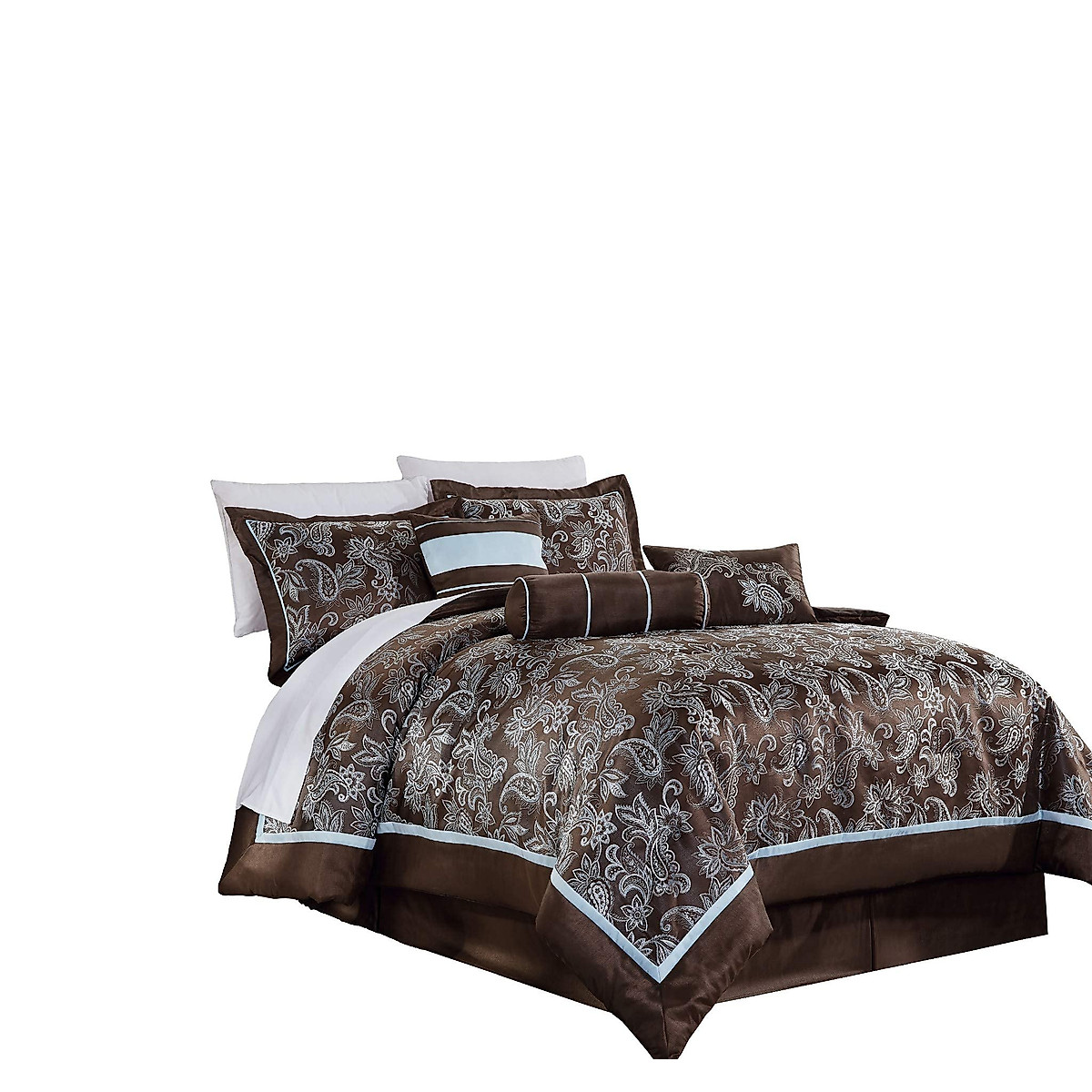 Chezmoi Collection Tuscany 7-Piece Blue Brown Paisley Floral Jacquard Comforter Bedding Set, King Size