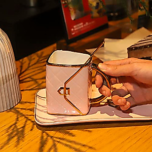 FLLETY Coffee Mug,Tea Cup Set,Coffee Cups Ceramic Travel Mug,Handbag Shaped Mug With Saucer And Spoon,Halloween Mugs With Gift Box For Women (Pink)