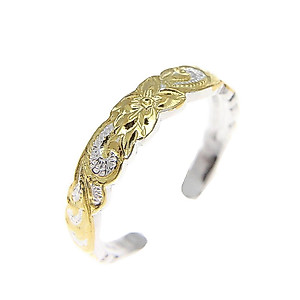 Arthur's Jewelry 925 sterling silver 2 tone yellow gold plated Hawaiian plumeria flower scroll 4mm cut out open toe ring