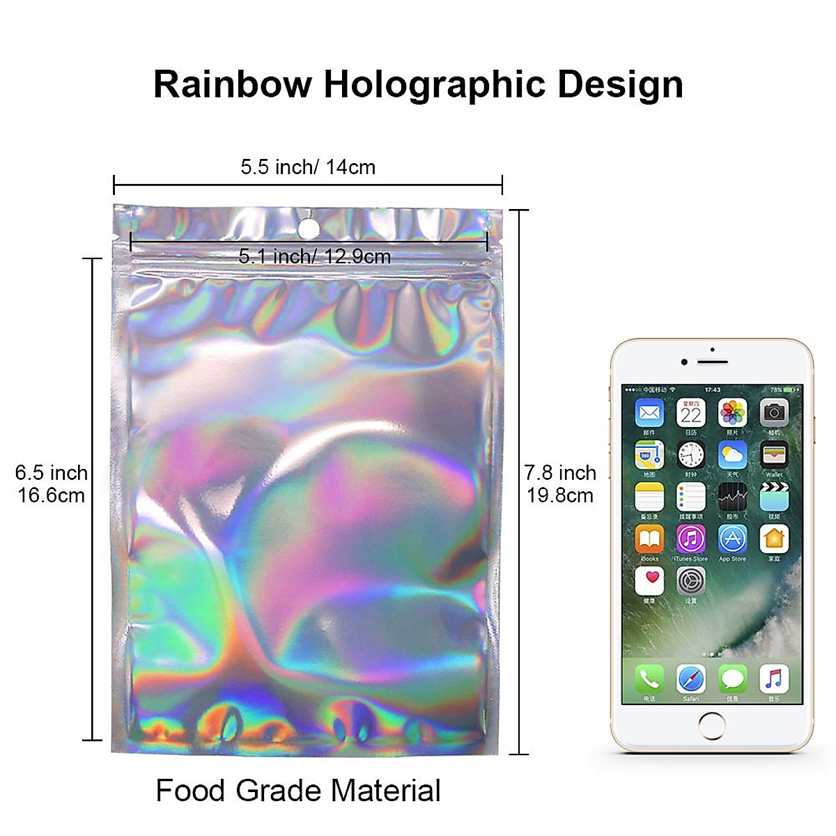 100pcs Resealable Holographic Mylar Bags 5.5x7.8 inch, Foil Zip Sample Pouch Gift Baggies For Packaging Candy Jewelry Lash Lip Gloss