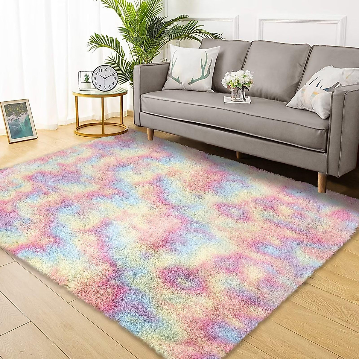 COZYLOOM Area Rug 9x12 Soft Fluffy Rainbow Kids Rug Luxury Fuzzy Shag Rug for Girls Room Bedroom Modern Indoor Plush Thick Non-Slip Shaggy Rug for Living Room Nursery Cute Carpet Tie-Dyed Yellow Pink