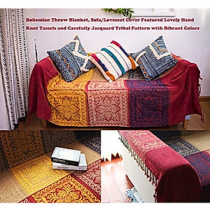 AIVIA Boho Throw Blanket, Colorful Chenille Jacquard Bohemian Chair Recliner Furniture Cover Aztec Hippie Throws Loveseat Sofa Blankets (60" x 75", Red Green Navy Yellow)