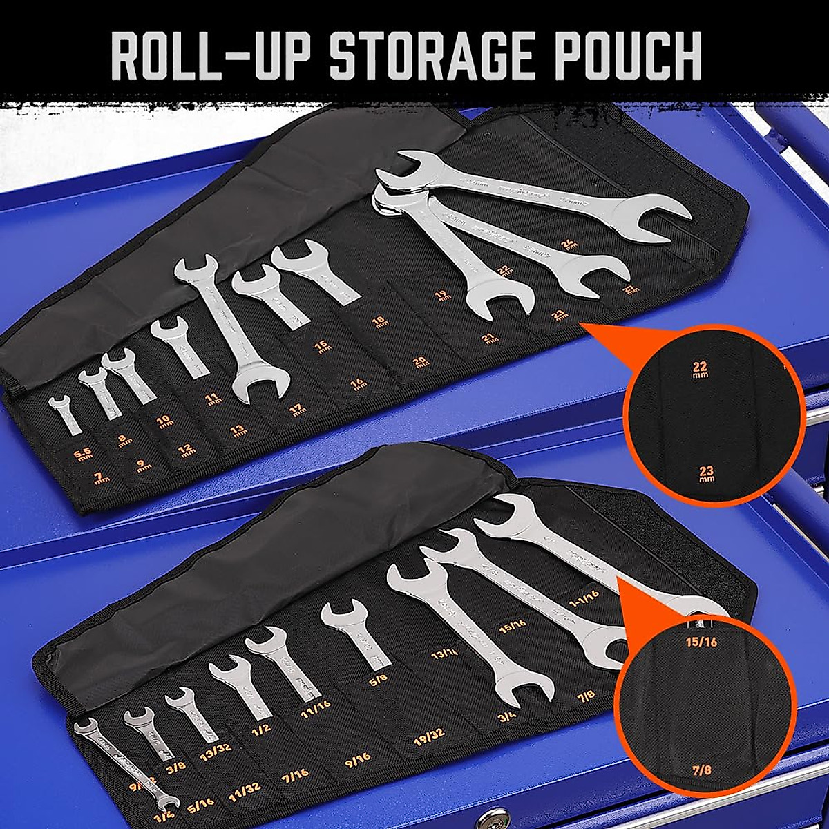 HORUSDY 19-Piece Super-Thin Open End Wrench Set with Rolling Pouch, CR-V Steel SAE & Metric, 1/4" to 1-1/16" and 5.5mm to 27mm Slim Spanner Wrench Set