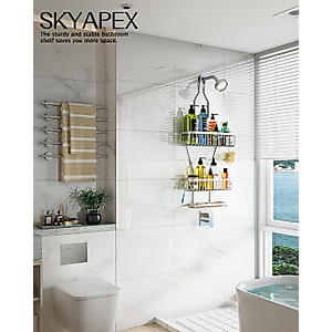 Shower Caddy Hanging Bathroom Organizer: Over Head Long Rack for Tall Showerhead - Extra Large Shelf for Big Shampoo Bottles with Soap Holder