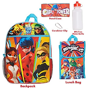 5 Pc. Miraculous Ladybug Girl Power “Be Yourself” Backpack Set for Girls, 16 inch with Miraculous Lunch Bag & Pencil Case