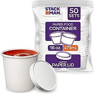 [16 oz. - 50 Sets] Paper Food Container with Lid, Insulated Paper Food Cup with Paper Vented Lid, Hot or Cold to Go Containers, Soup Container, Ice Cream Cup, Yogurt Cup, Eco-Friendly White Container
