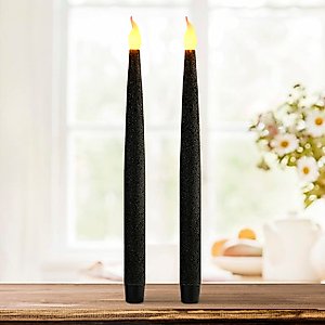 Furora LIGHTING Black Glittery LED Taper Candles Pack of 2, Flameless Flickering Taper Candles with Timer for Home Décor Holiday Décor, Battery Operated