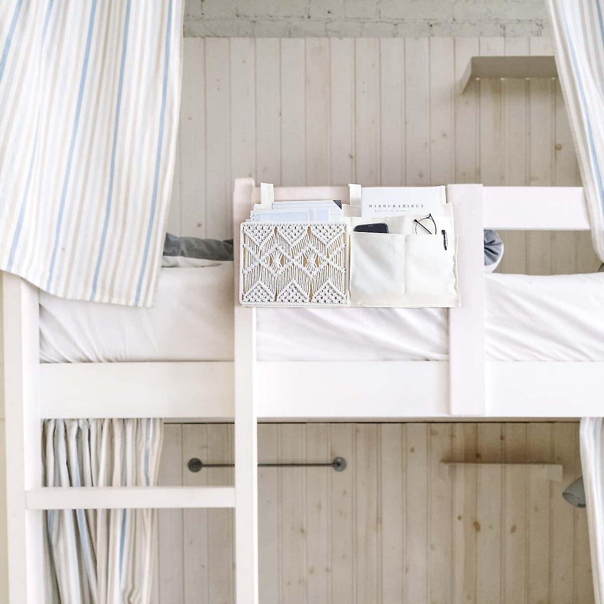 Mkono Bedside Caddy Hanging Organizer, Bunk Woven 7 Pockets Bed Storage Bag Boho Remote Magazine Books Holder with Macrame for Loft Bed College Dorm Bedroom Baby Bed Rails, Ivory