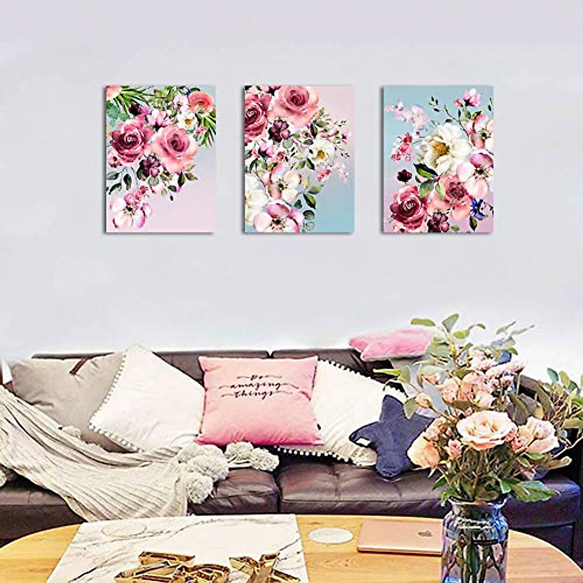 Flower Canvas Wall Art for Bedroom Woman Wall Decor Pink White Flowers Picture 3 Piece Framed Artwork Modern Plant Floral Canvas Prints for Kitchen Home Bathroom Girls Room Wall Decoration 12"x16"