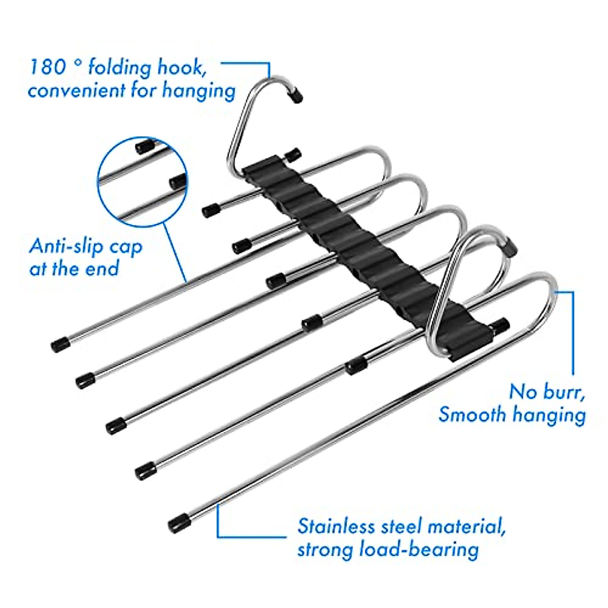 CozyCat Space Saving Pants Hanger, 2-Pack, 5-Layer Trouser Rack, Suitable for Wardrobe Storage, Stainless Steel Hanger, Non-Slip Layers, Suitable for Pants, Clothes, Scarves and Skirts