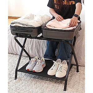 Yuihochic Luggage Rack, Suitcase Stand with Fabric Storage Shelf, for Guest Room,Bedroom,Hotel, Foldable Painted Steel Frame (Brown+Package Quantity 1)