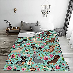 WOWUSUO Dachshund Dog Blanket Rose Flower Throw Bed Blankets Cozy Lightweight Soft Bedding for Sofa and Bed Office Travel 80x60 inches, 80x60