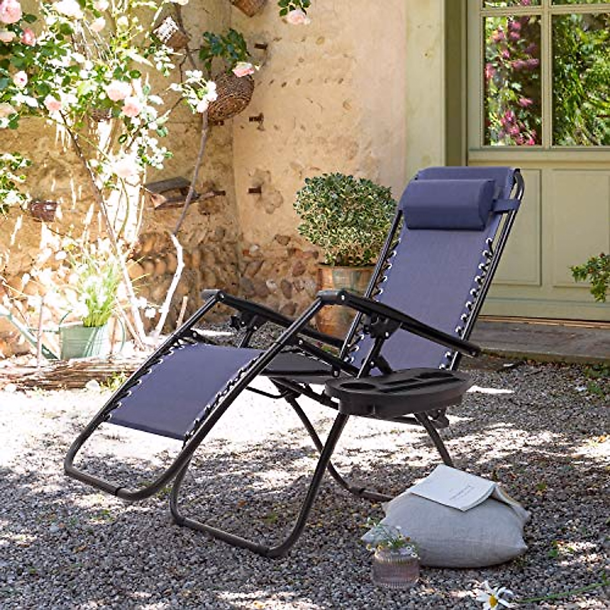 GUNJI Zero Gravity Chair Outdoor Lawn Folding Lounge Chairs Adjustable Reclining Patio Chairs Set of 2 with Cup Holder Lounge Gravity Chairs for Poolside, Backyard, Beach and Camping (Blue)