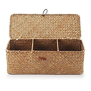 Seagrass Storage Basket with Lid Rectangular Small Woven Shelf Baskets with Sections for Organize Snack Toys
