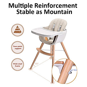 Foho Baby High Chair, Perfect 3 in 1 Convertible Wooden High Chair with Cushion, Removable Tray, and Adjustable Legs for Baby & Toddler (Beige)