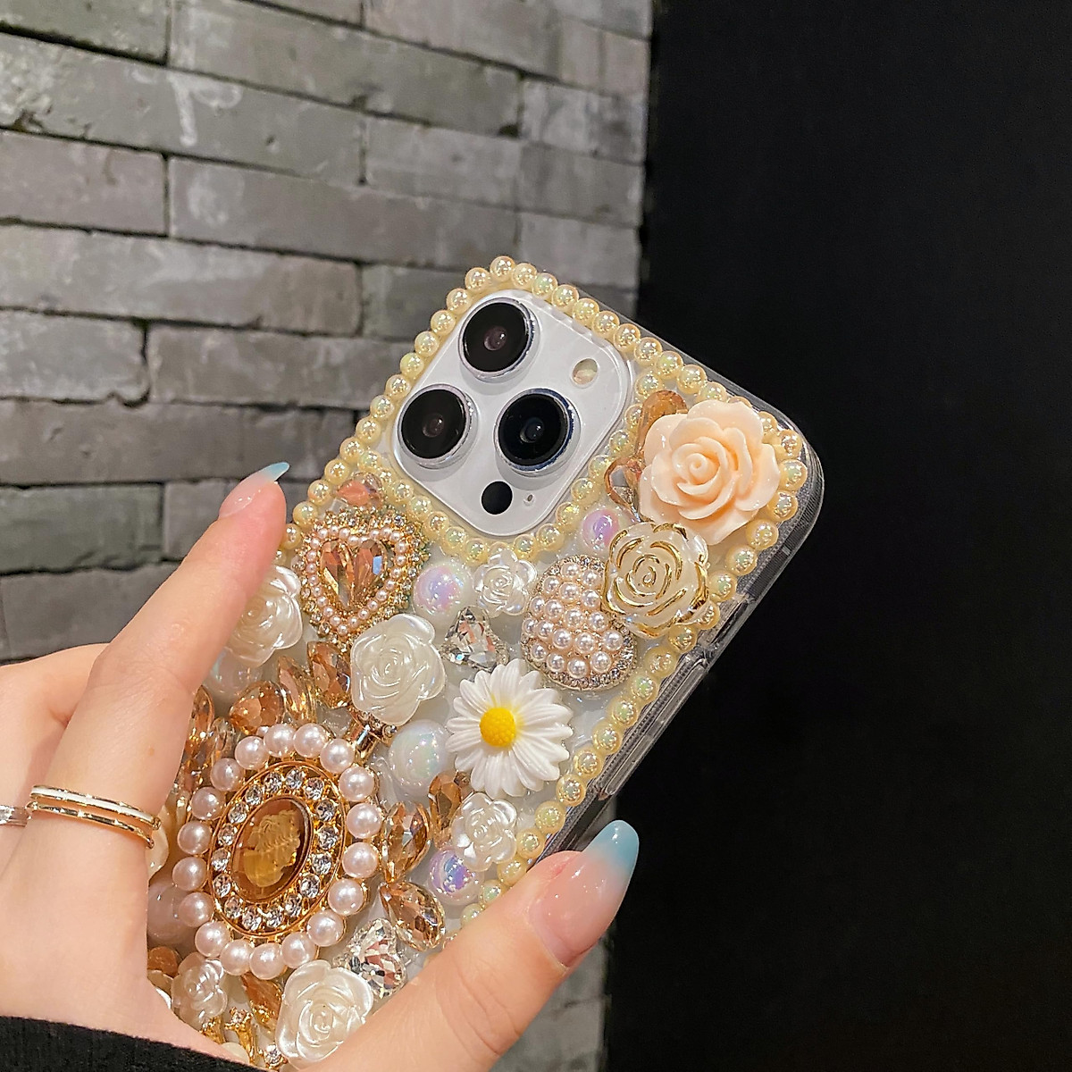 iFiLOVE for iPhone 14 Pro Max Bling Diamond Case with Flower Strap, 3D Luxury Sparkle Glitter Crystal Rhinestone Pearl Love Rose Wristband Bracelet Case Cover for Girls Women Kids (Champagne)