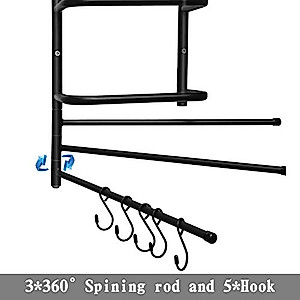 Towel Rack Holder&Organizer, Wall Mounted Metal Bathroom Towel Bar with 3 Swivel Arms 5 S-Hooks for Storage of Towels, Washcloths, Hand Towels, Bags, Hats