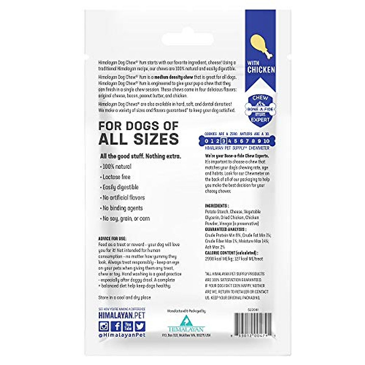 Himalayan Dog Chew Original Yak Cheese Dog Chews, 100% Natural, Long Lasting, Gluten Free, Healthy & Safe Dog Treats, Lactose & Grain Free, Protein Rich, Chicken Flavor, 4.5 oz Resealable Pouch
