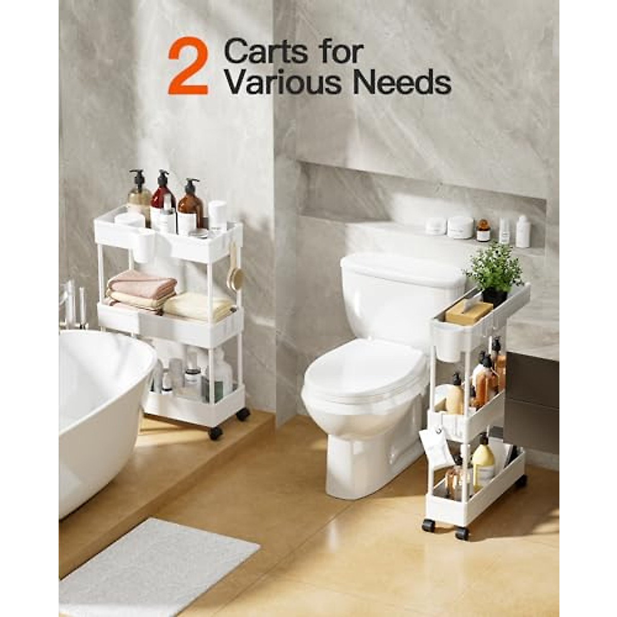 Pipishell Bathroom Cart, 2 Pack Slim Storage Cart Organizer with Hanging Cups & Hooks, Rolling for Bathroom, Laundry Room, Kitchen, Set of 2, PIUC07WK2
