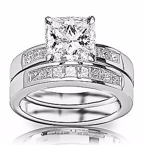 2.5 Carat Classic Lab 14K White Gold Synthetic Lab Grown Princess Channel Princess Wedding Bridal Set IGI Certified Diamond Engagement Ring (1.5 Ct, H-I Color, SI1-SI2 Clarity Center)