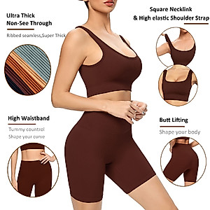 BUSCANDO Yoga Workout Outftis Sets for Women 2-Piece Shorts-Seamless Ribbed High Waist Athletic Leggings+Sports Bra Gym Clothes Sets (Brown, l)
