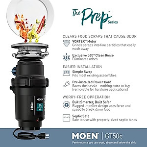 Moen Prep Series Disposer 1/2 Horsepower Continuous Feed Garbage Disposal featuring Fast Track Technology, Power Cord Included, GT50C