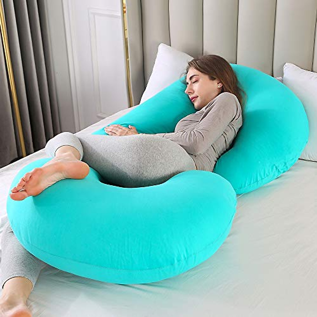 CDEN Pregnancy Pillow, C Shaped Full Body Pillow 52", Maternity Pillow Support for Back, Legs, Neck, HIPS for Pregnant Women with Removable Washable Jersey Cover(Lakeblue)