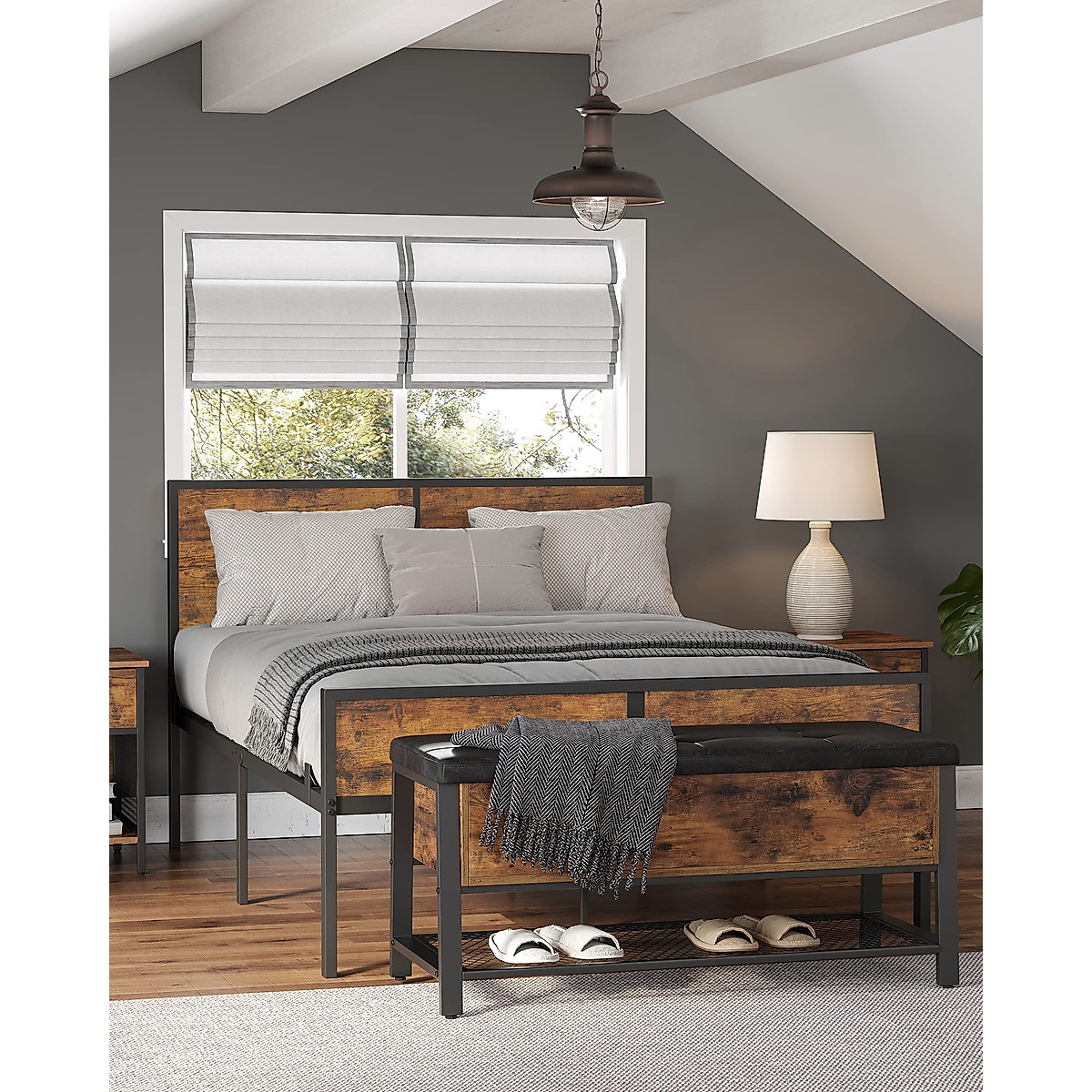 VASAGLE Metal Frame with Headboard, Footboard, No Box Spring Needed, Under-Bed Storage, Full, Classic Rustic