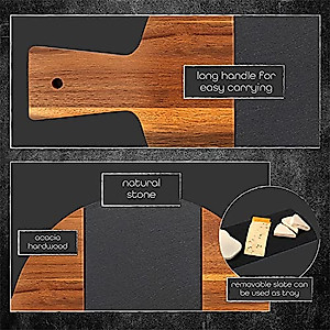 Charmont Large Round Charcuterie Board with Handle Acacia Wood Cheese Board with Slate Serving Platter Slate Cheese Markers Set and Chalk - Food, Cheese and Meat Cutting Board - 11.5 inches