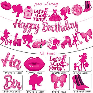 Hot Pink Girl Happy Birthday Banners Glitter Pink Birthday Party Decorations for Girls Hot Pink Princess Ladies Party Decorations for Bachelorette Bridal Shower Party Supplies