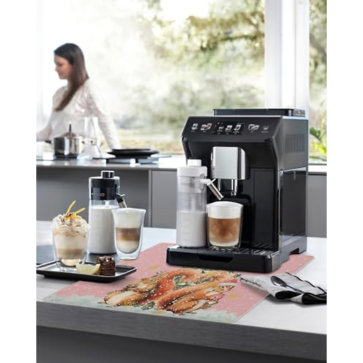 Coffee Mat for Counter, Merry Christmas Squirrel with Xmas Trees Pink Absorbent Hide Stain Coffee Bar Mat, Non-slip Coffee Bar Accessories Kitchen Drying Mat Fit Under Coffee Maker Espresso Machine