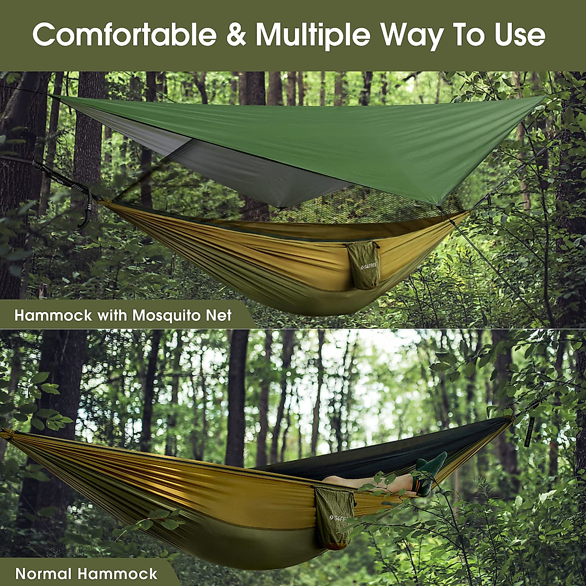 G4Free Camping Hammock with Net and Rain Fly- Portable Hammock Tent with Tarp, 2 Person Lightweight Hammock for Camping Hiking Backyard Outdoor Backpacking Travel