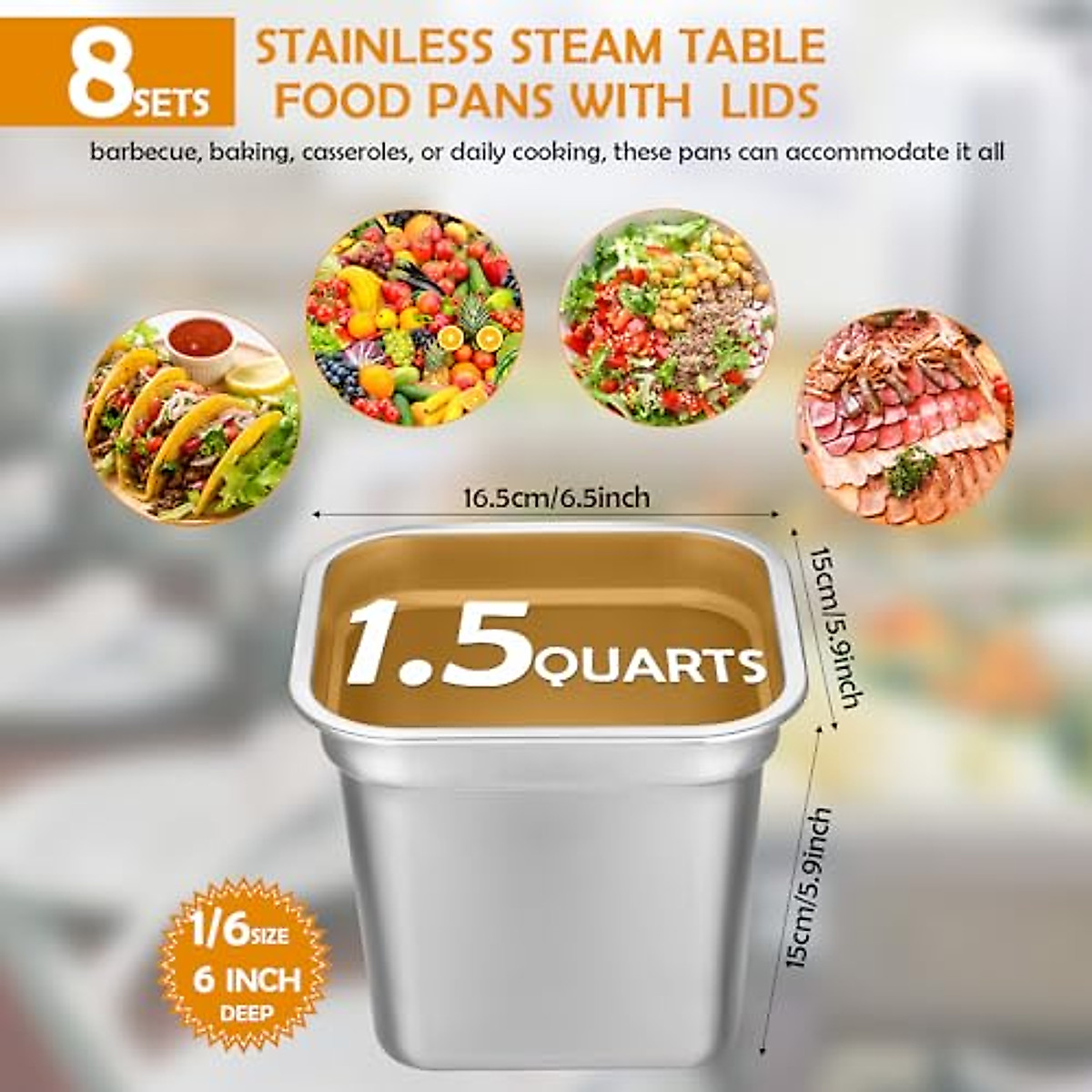 Suttmin 8 Pcs Hotel Pan 1/6 Size Steam Table Pan with PP Plastic Lid Stainless Steel Food Containers with Lids Restaurant Pans Food Prep Pan Anti Clogging Steamer for Buffet Party(6" Deep)