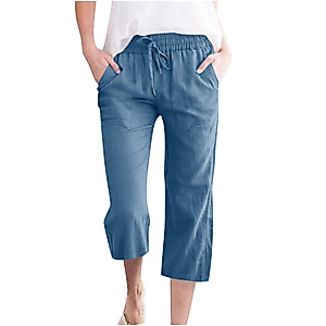 Capri Pants for Women Casual Summer Denim Capri Pants Casual 2023 Summer Drawstring Elastic High Waist Linen Pant Straight Wide Leg Cropped Trouser