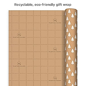 Hallmark Recyclable Kraft Wrapping Paper with Cut Lines (3 Rolls: 90 Sq. Ft. Ttl.) Minimalist Christmas, White Trees, Deer Antlers, Snowflakes on Brown Kraft for Holidays, Weddings, Winter Solstice