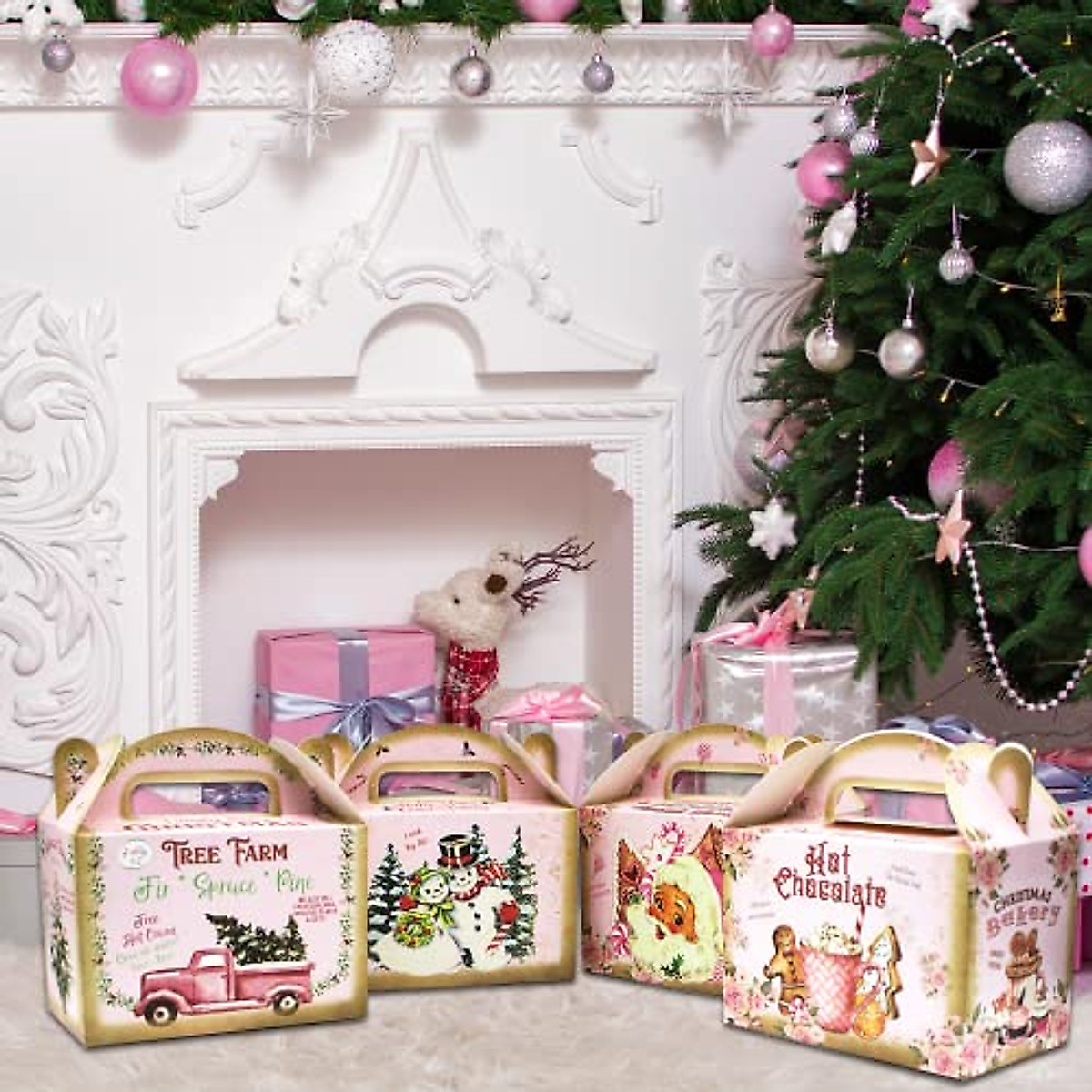 16Pcs Pink Christmas Decorations Christmas Treat Boxes Vintage Christmas Paper Gift Boxes Christmas Santa Boxes with Handle Present Candy Cookie Boxes for Xmas Holiday Party Favor Supplies