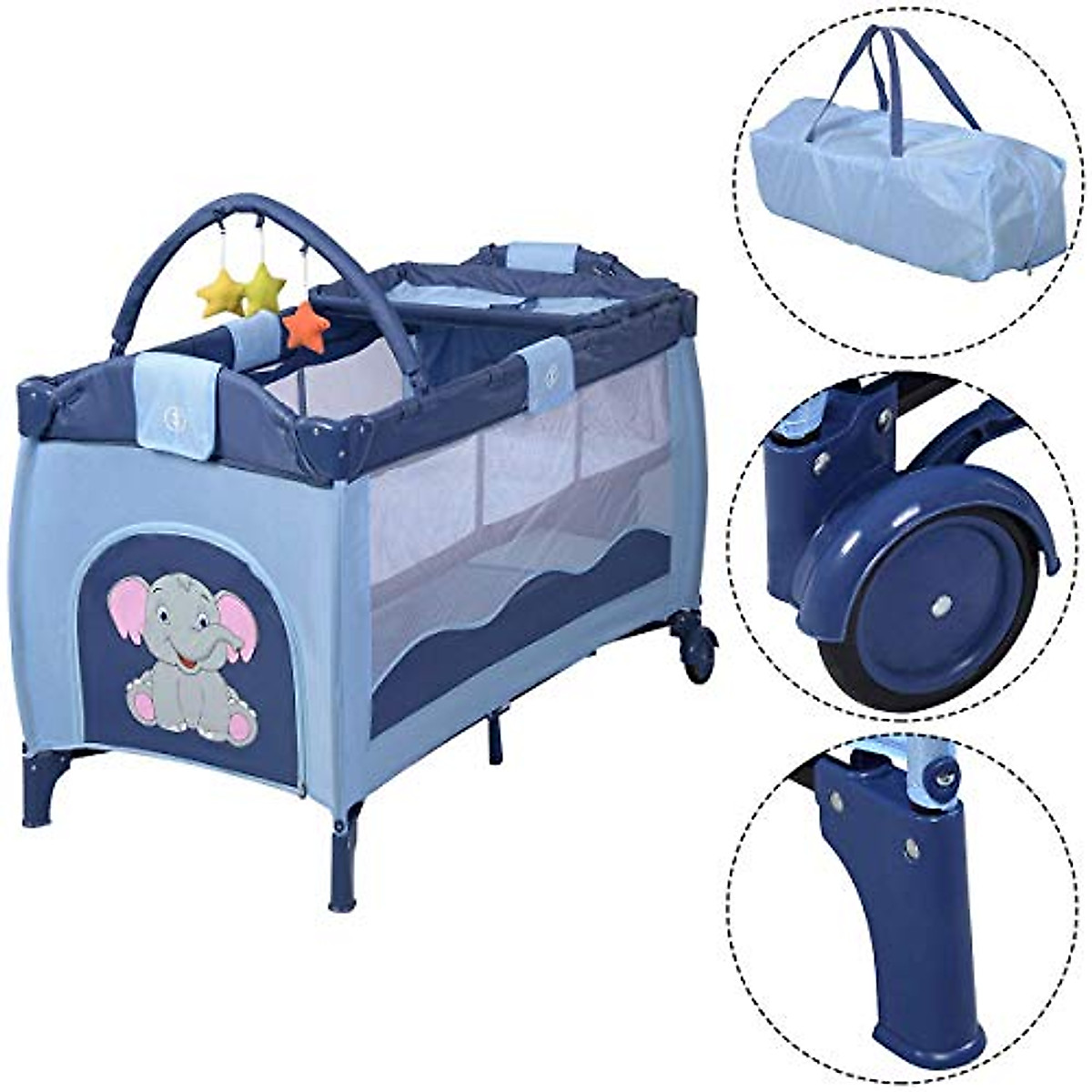 BABY JOY 3 in 1 Pack and Play, Portable Playard with Hanging Toys, 2 Lockable Wheels Diaper Changing Table, Foldable Travel Bassinet Bed (Blue)