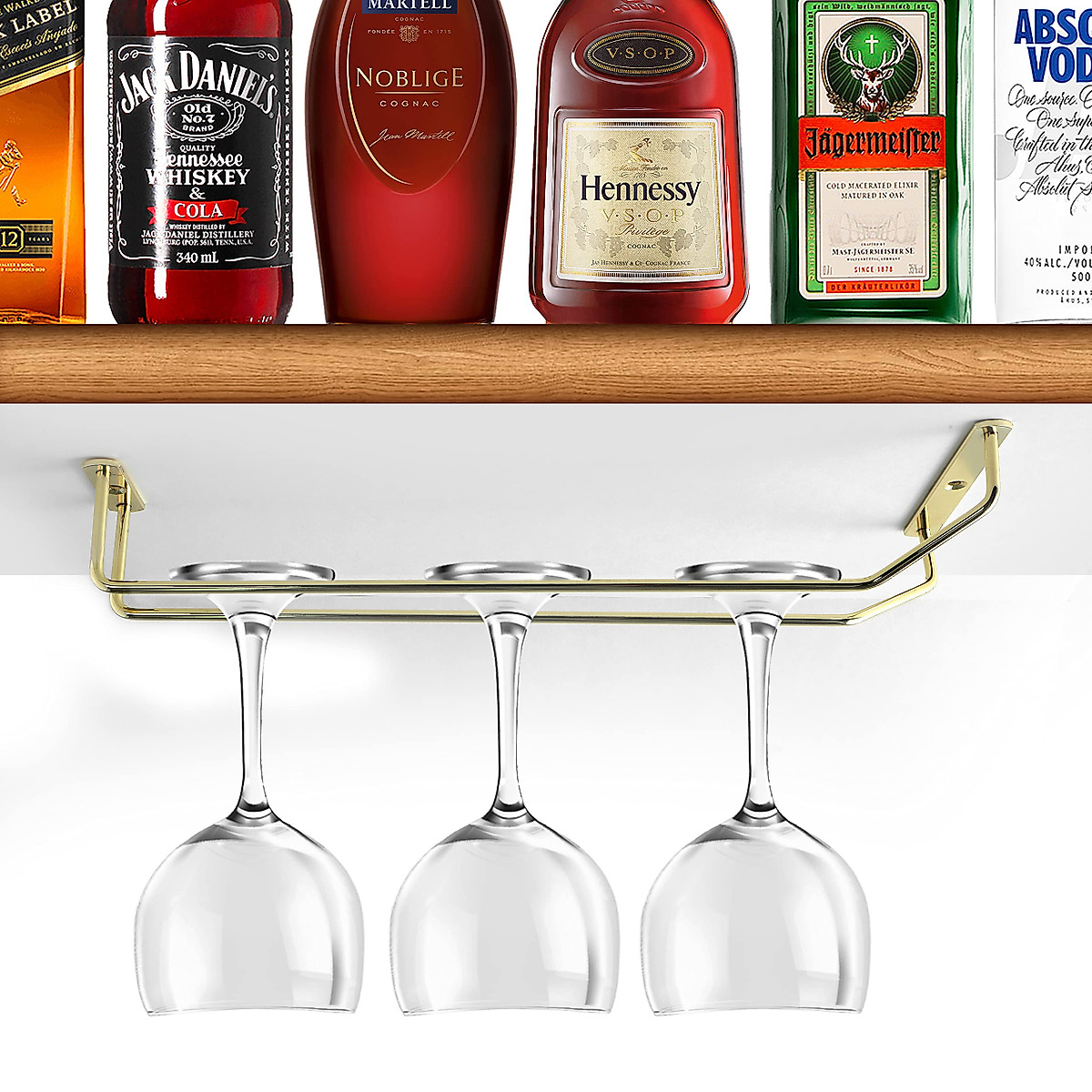 MATILODI 2 Pack 13.8-Inch Long Single Rail Metal Wine Glass Rack - Under Cabinet Gold Stemware Wine Glass Holder with Gold Screw - Metal Wire Wine Glass Hanger for RV Cabinet Kitchen Bar (Gold,2)