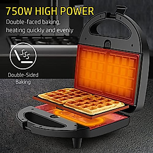 OSTBA 3 in 1 Sandwich Maker Panini Press Waffle Iron Set with 3 Removable Non-Stick Plates, 750W Toaster Perfect for Sandwiches Grilled Cheese Steak, Black