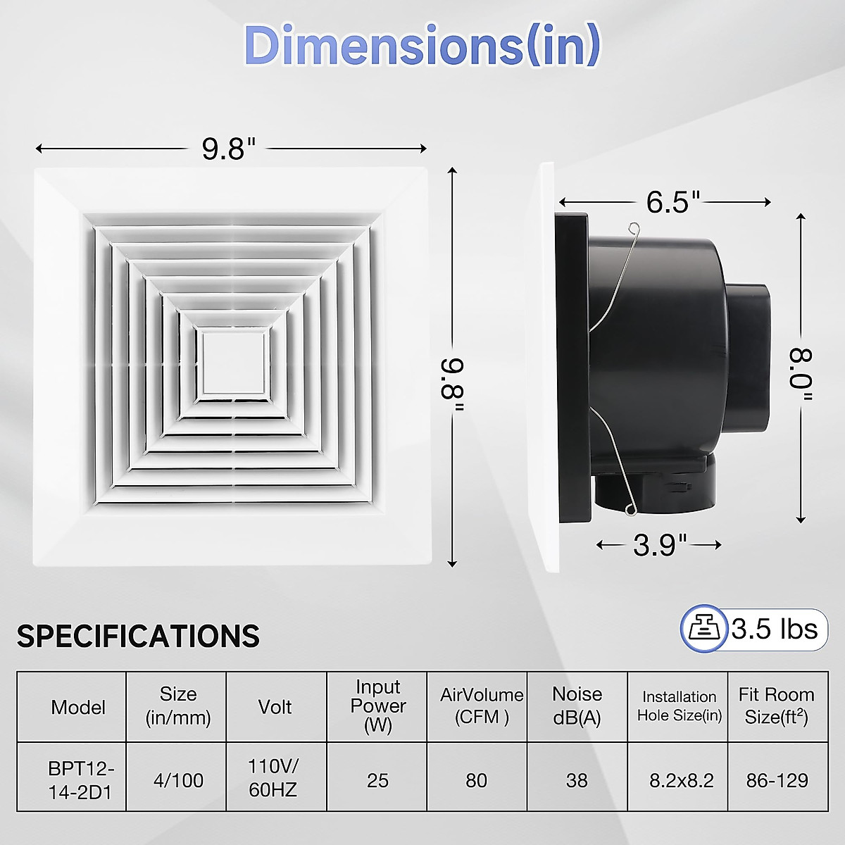 Fanspex Bathroom Ceiling Exhaust Fan, Household Bath Vent Ventilation Fan with 0.95 Sones Quiet Operation, 90 CFM, 4-in Duct, 25W Energy-Saving, 9.8"x9.8" (Installation Size 8.2"x8.2")