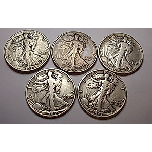 Count of 5 - Walking Liberty Half Dollar 5 Different Dates F/VF 90% Silver Fine to Extra Fine