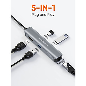 USB C Hub Multiport Adapter, CableCreation 5-in-1 USB C Adapter Aluminum Shell with 4K HDMI, 1Gbps Ethernet, 3 USB 3.0 Ports for MacBook Pro/Air 2020/2019, iPad Pro 2020, Surface Go, XPS