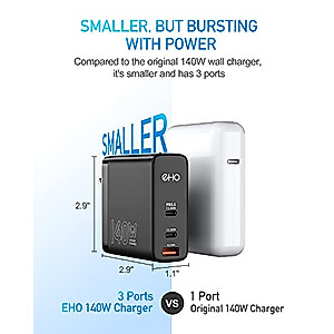 EHO 140W USB C Wall Charger for MacBook Pro 16", PD 3.1 3-Port GaN III USB C Power Adapter 45W PPS Super Fast Charging Travel Charger Compatible w/Laptops, MacBook Pro/Air, iPhone, Samsung