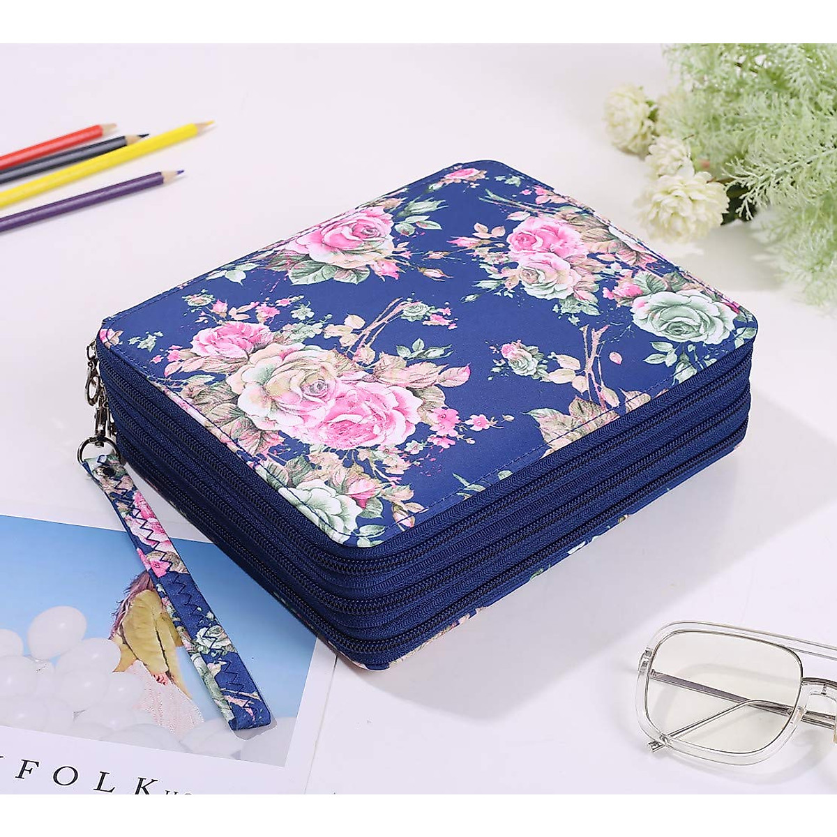 Shulaner 120 Slots Colored Pencil Case with Zipper Closure Large Capacity Blue Rose Oxford Pen Organizer Flower Pencil Holder