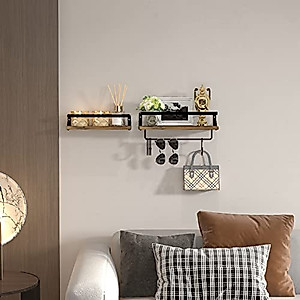 Ditwis Floating Shelves with Rail and Towel Bar, Set of 2 Rustic Wall Shelves for Kitchen, Coffee Bar, Bathroom Including 4 Hooks