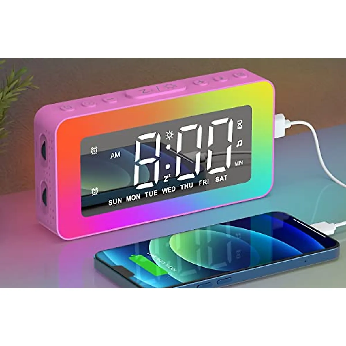 Super Loud Alarm Clock for Heavy Sleepers Adults, Teenagers, Teens, Kids, Digital Alarm Clock with 8 RGB Night Lights, 0%-100% Dimmable, Sleep Aid, Dual Alarms, Snooze, USB Charger, Ideal for Gift