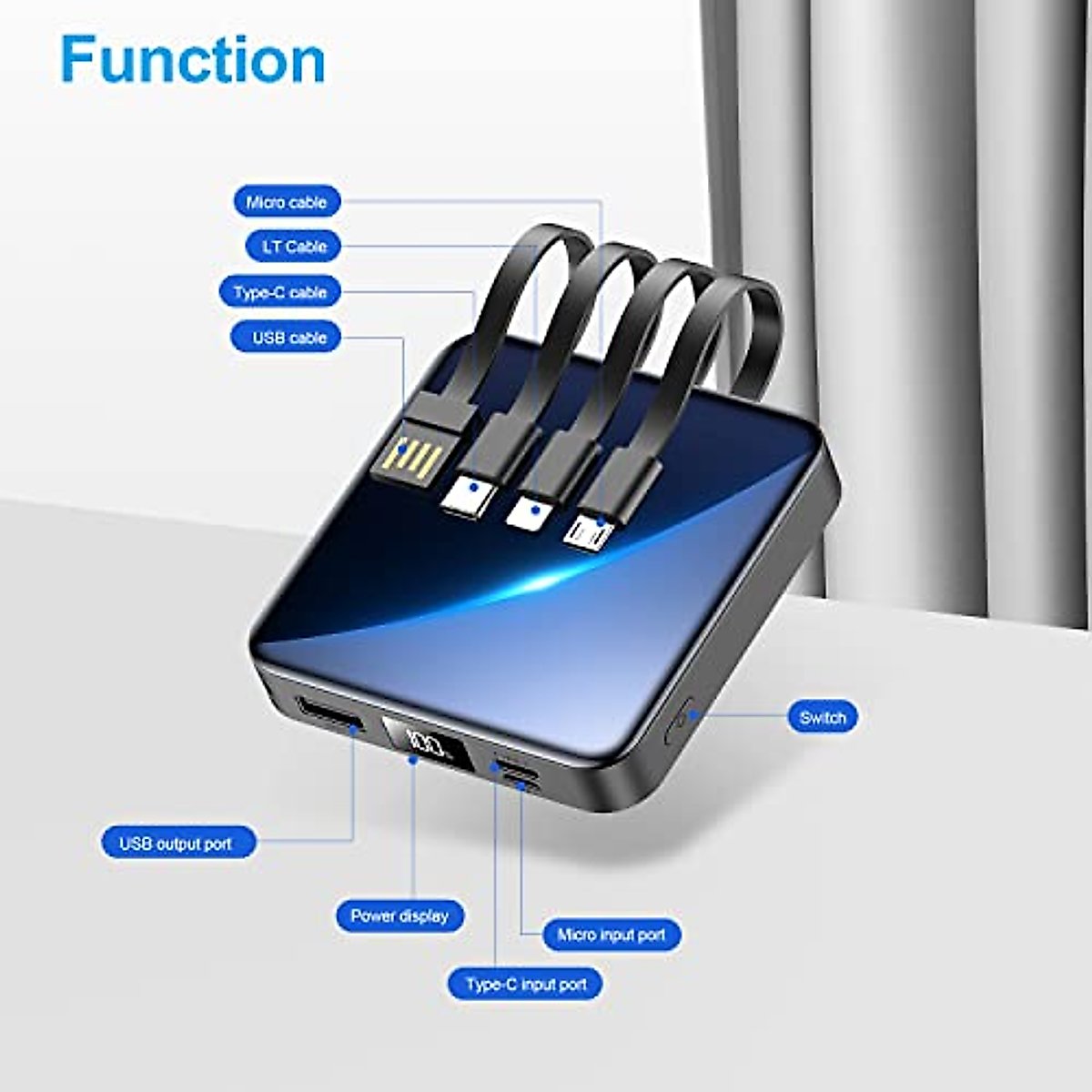 ummz 12000mAh Small Power Bank,Mini Portable Charger Built in 4 Cables,USB C Input/Output with Smart LED Display,External Battery Portable Charger Power Bank for iPhone,Tablet,Samsung