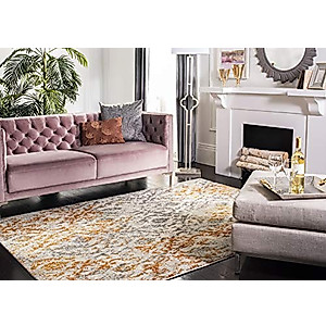 SAFAVIEH Madison Collection 6'7" x 9'2" Cream / Orange MAD608K Boho Chic Distressed Non-Shedding Living Room Bedroom Dining Home Office Area Rug