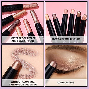 KIMUSE 6 PCS Brown and Neutral Metallic Eyeshadow Stick,Creme to Powder Cream Shimmer Eyeshadow Pencil Crayon,Long Lasting & Waterproof Eyeshadow Stick Eye Sets