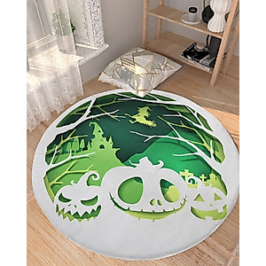 Halloween Fluffy Round Area Rug Carpets 3.3ft, Plush Shaggy Carpet Soft Circular Rugs, Non-Slip Fuzzy Accent Floor Mat for Living Room Bedroom Nursery Home Decor Green Horror Haunted-House Pumpkin